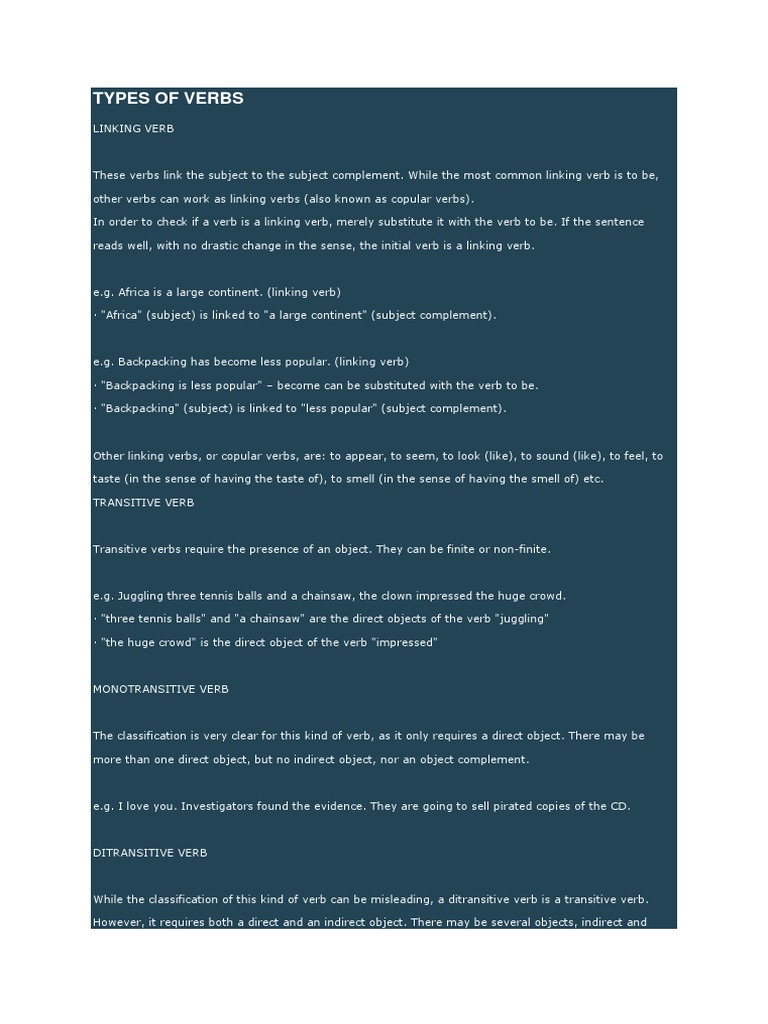 Types of Verbs Syntax | PDF | Object (Grammar) | Verb