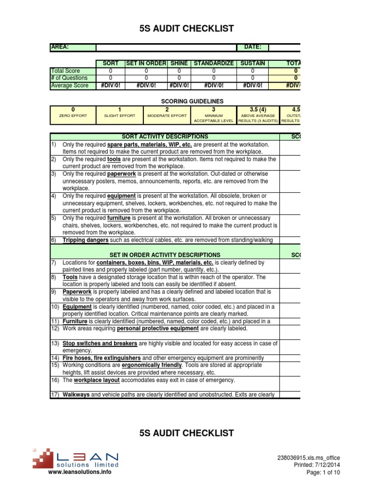 Analysis of a 5S Audit Checklist for a Manufacturing Work Area | PDF ...