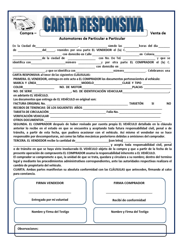 Formato Carta Responsiva Compraventa Vehiculo | PDF | Business