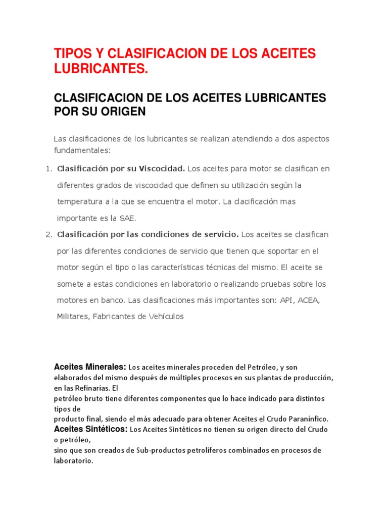 Tipos y Clasificacion de Los Aceites Lubricantes | PDF | Lubricante ...