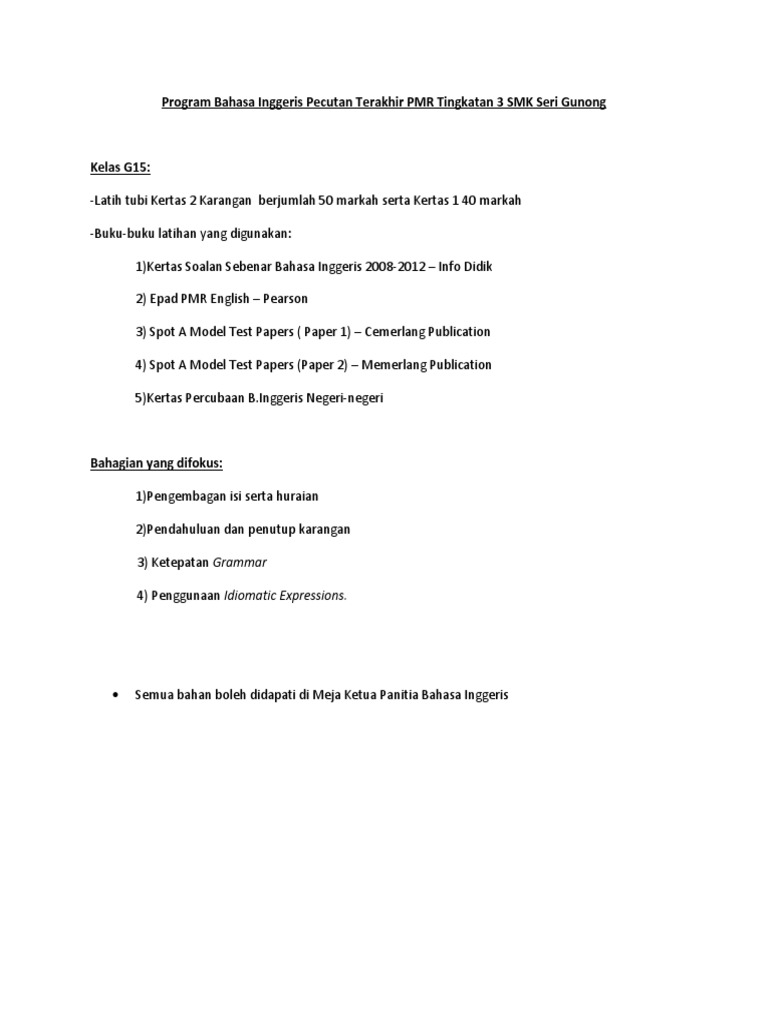Program Latihan Bahasa Inggeris PMR 2023 | PDF