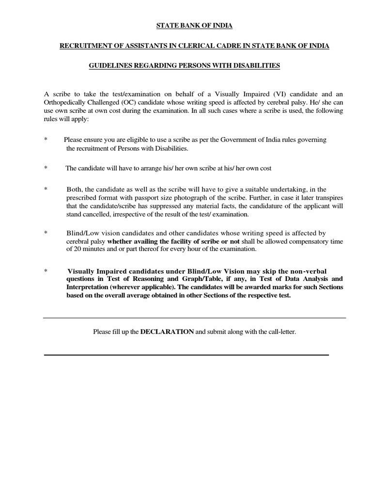 Sbi Asstt Scribe Declaration Form | PDF | Visual Impairment | Test ...