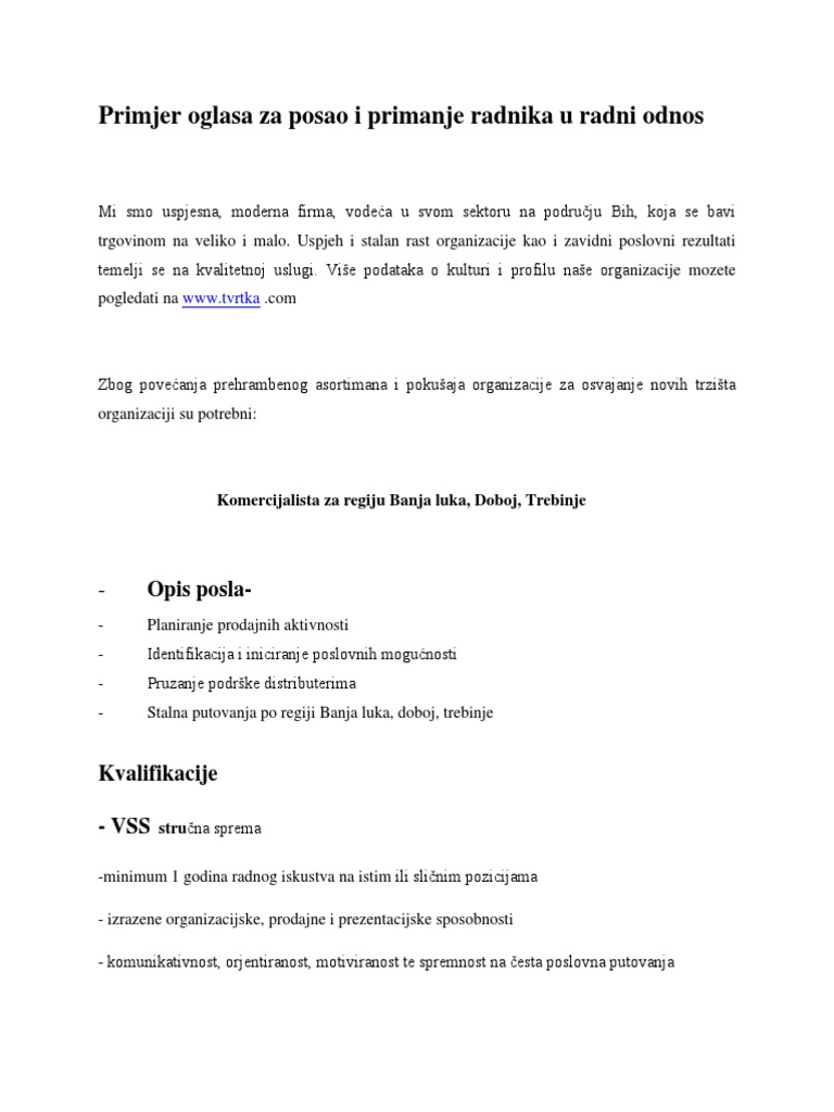 Primjer Oglasa Za Posao I Primanje Radnika U Radni Odnos | PDF
