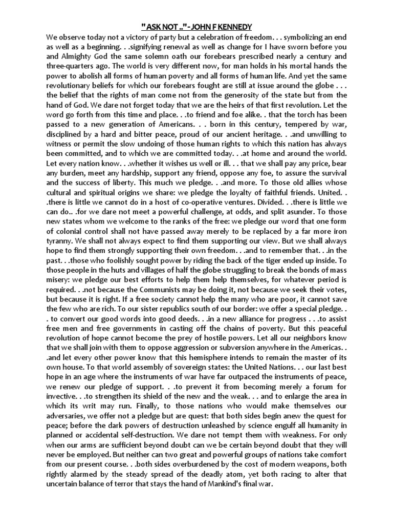 Ask Not - John F. Kennedy | PDF | Oath Of Office | Religion And Belief