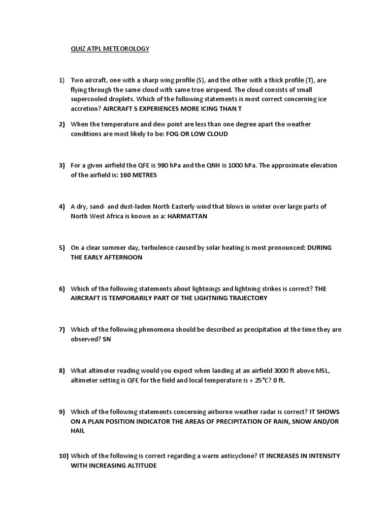 ATPL Meteorology Quiz Questions | PDF
