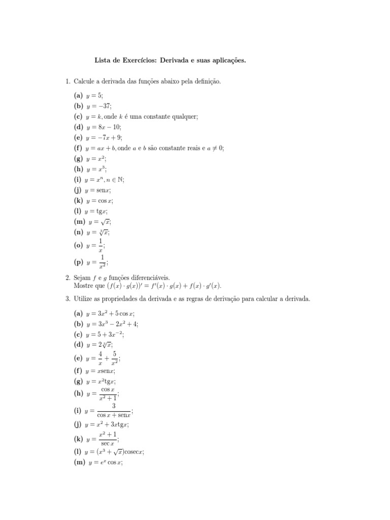 Lista de Exercícios sobre Derivadas | PDF | Derivado | Teorema