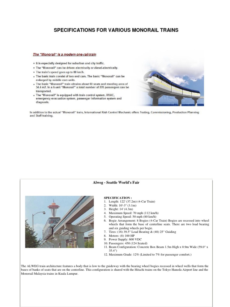 Specifications For Various Monorail Trains | PDF | Train | Vehicles
