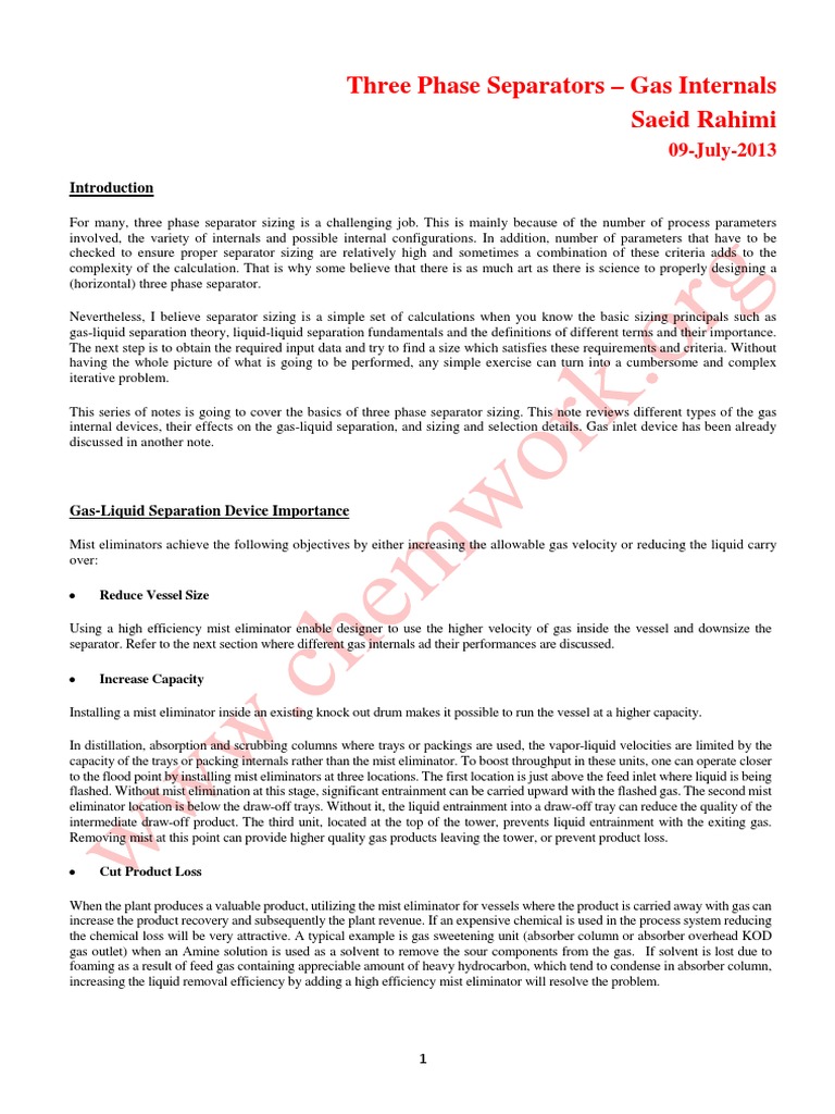 Three Phase Separator - Gas Internals | PDF