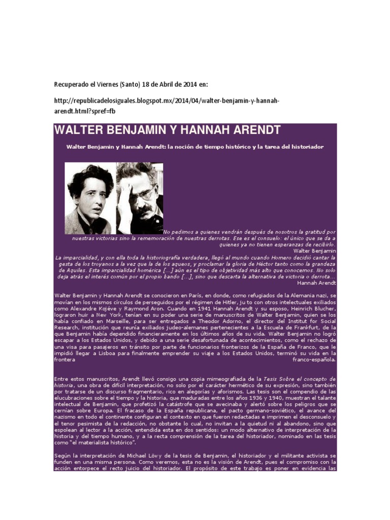Walter Benjamin y Hannah Arendt | PDF | Hannah Arendt | Filosofía
