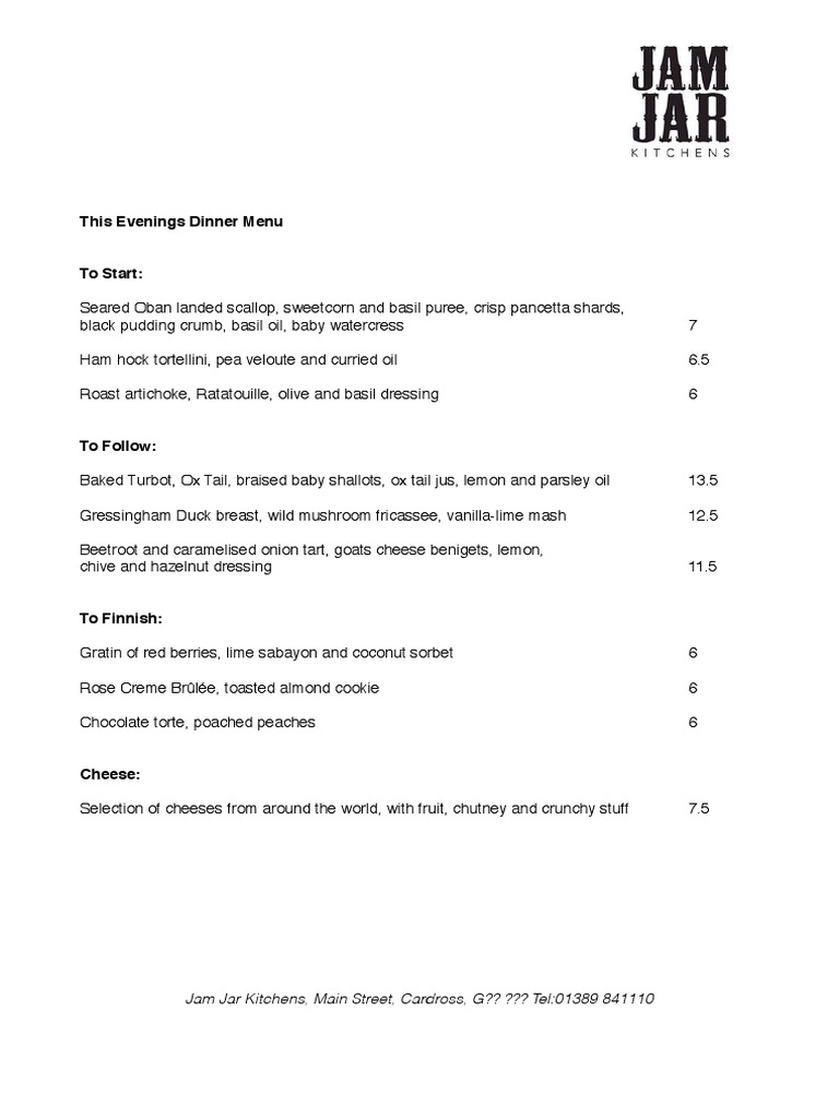 This Evenings Dinner Menu!: Jam Jar Kitchens, Main Street, Cardross, G ...