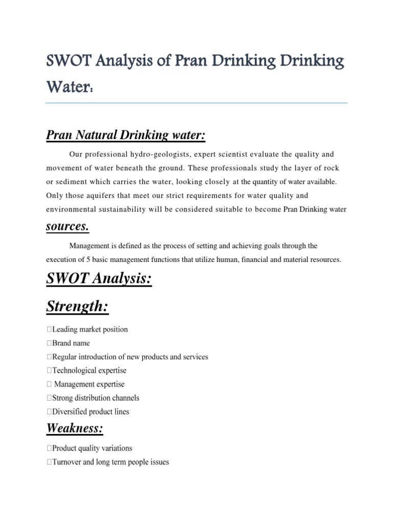 SWOT Analysis of Pran Minarel Drinking Water