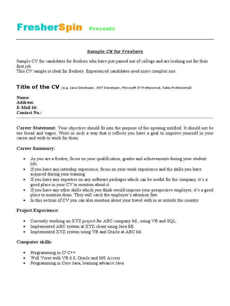 Sample CV Template for Freshers | PDF