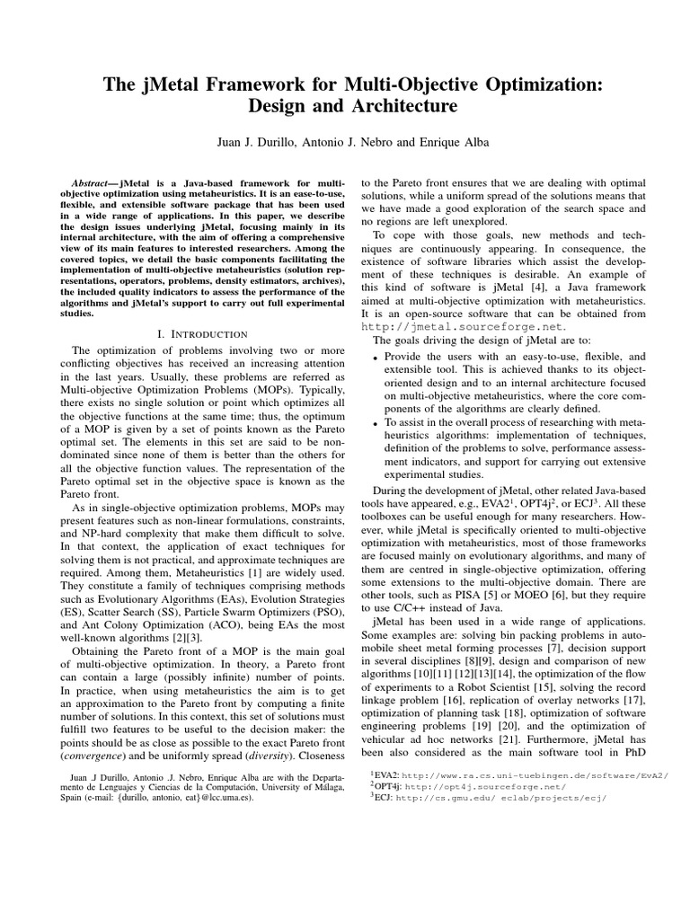 The Jmetal Framework For Multi-Objective Optimization: Design and Architecture | PDF ...