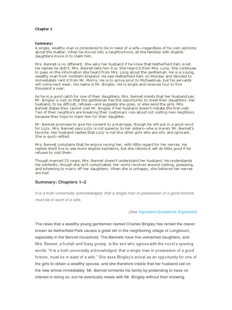 Chapter Summary | PDF | Pride And Prejudice | Novels