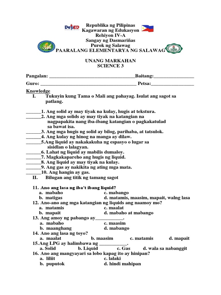K To 12 Grade 4 Unang Markahang Pagsusulit Science Lesson Plans - Free ...