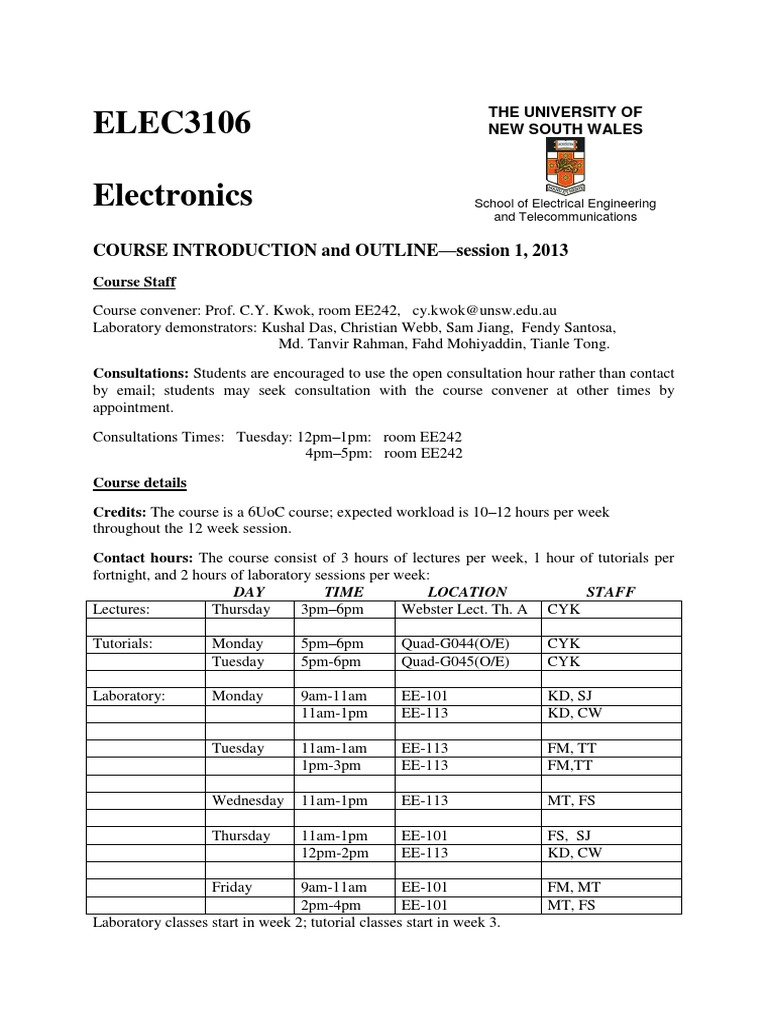 UNSW ELEC3106 Electronics Course Outline | PDF | Electrical Network ...