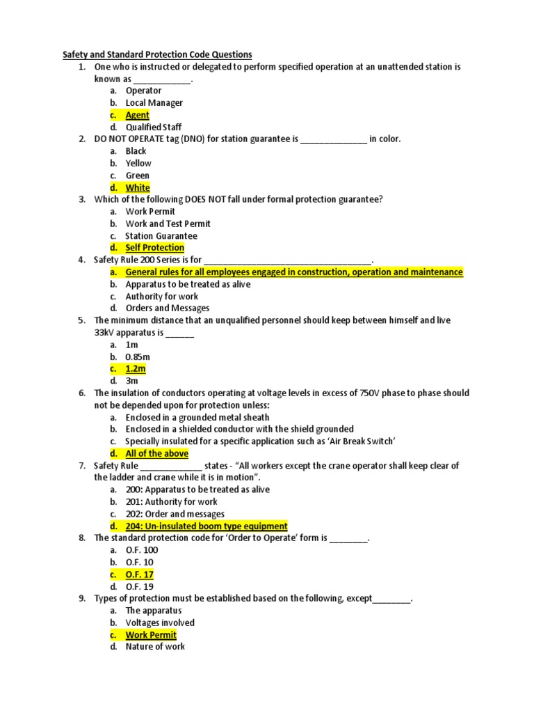 Safety and Standard Protection Code Questions | PDF | Electrical ...