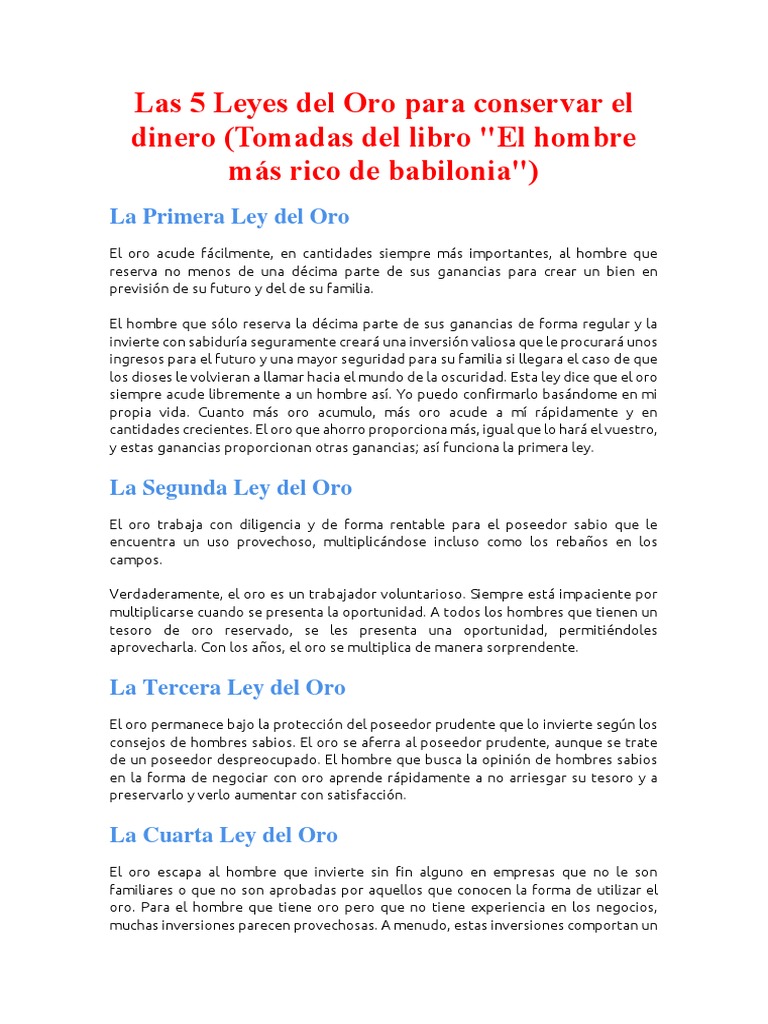 Las 5 Leyes Del Oro para Conservar El Dinero | PDF