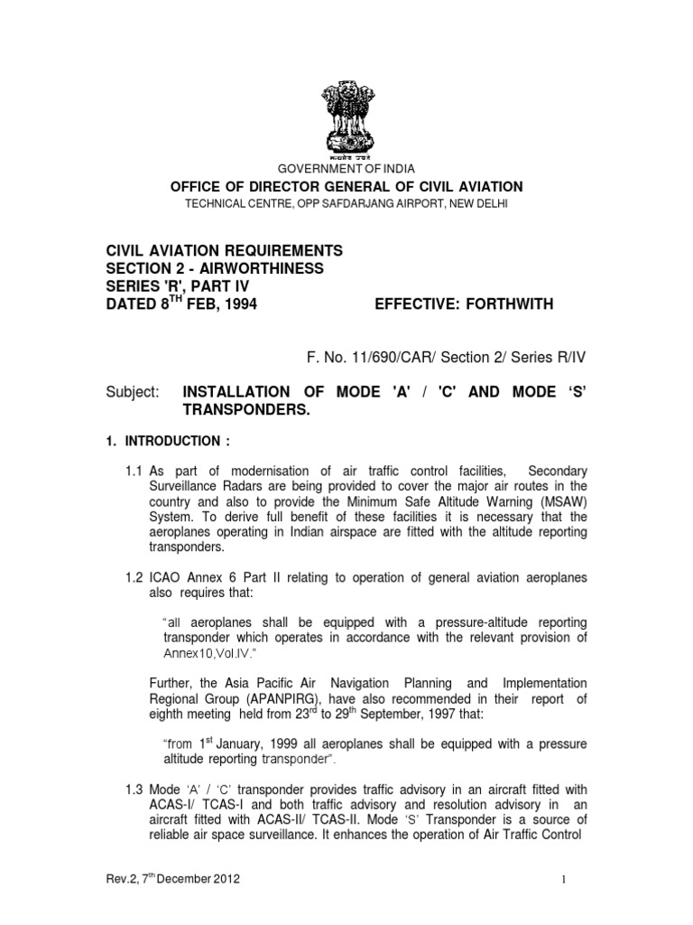 Installation of Mode 'A''c'andmode S' Transponders. D2R-R4 | PDF ...
