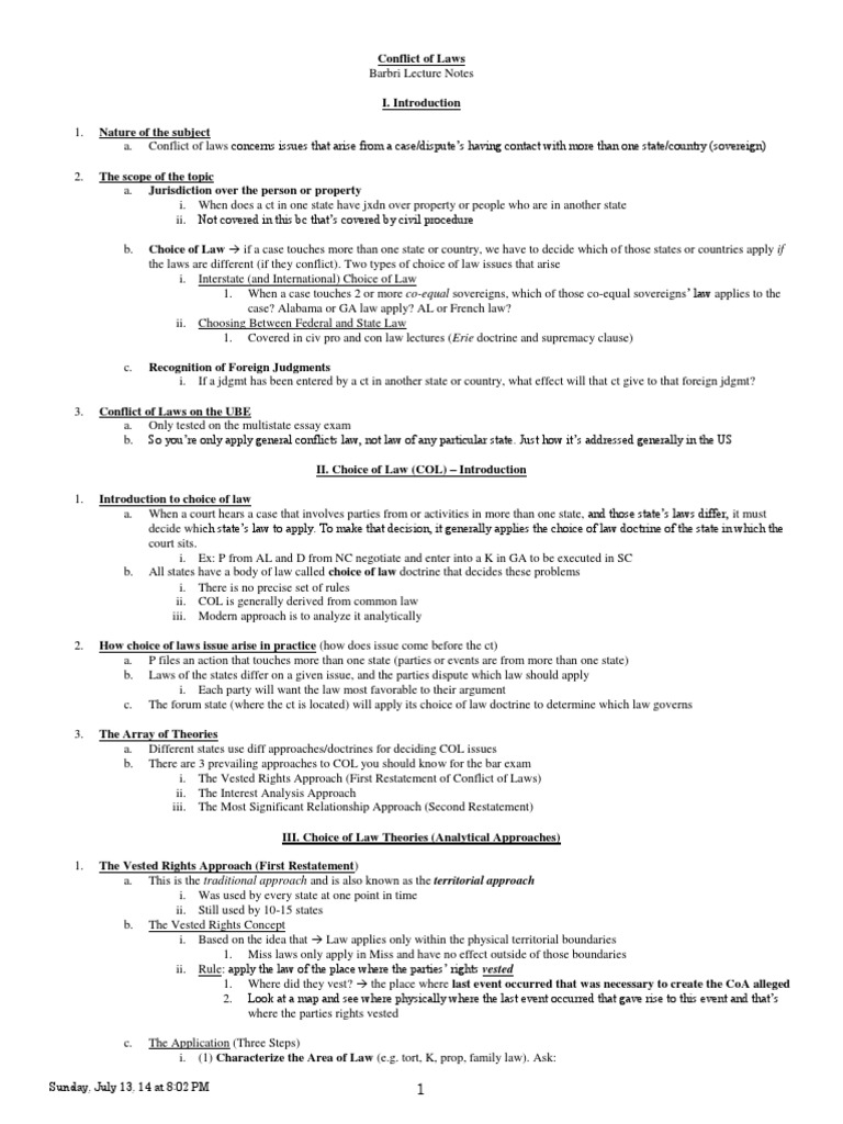Conflict of Laws Lecture Outline | Download Free PDF | Choice Of Law | Tort