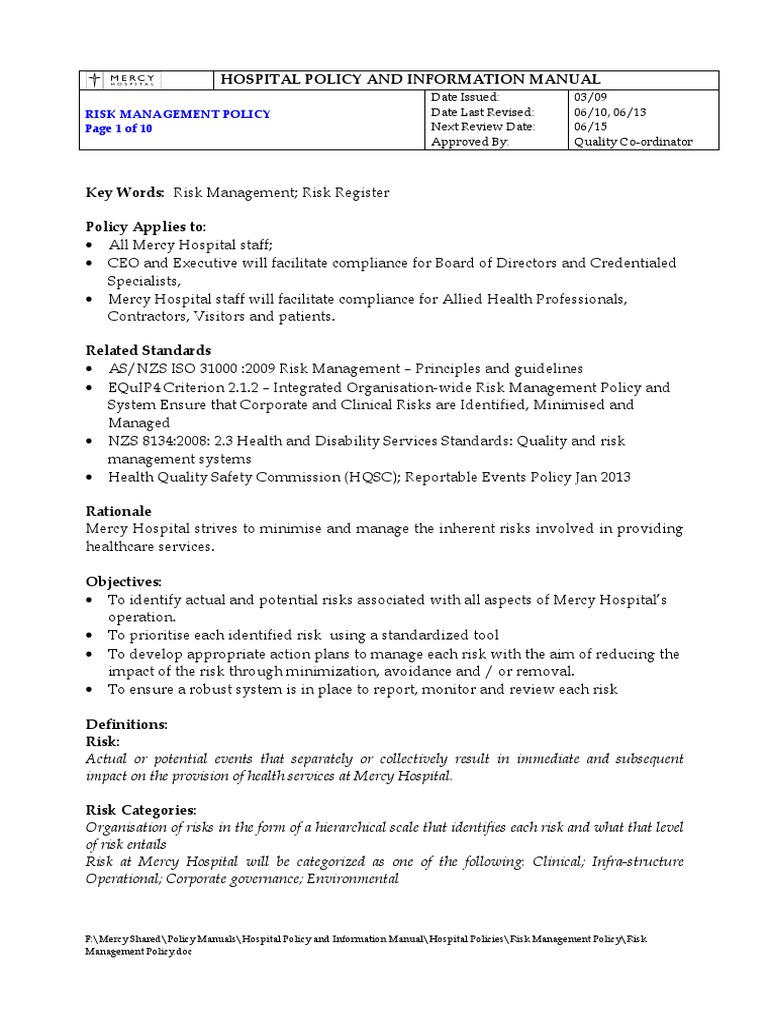 Risk Management Policy | PDF | Risk Management | Risk