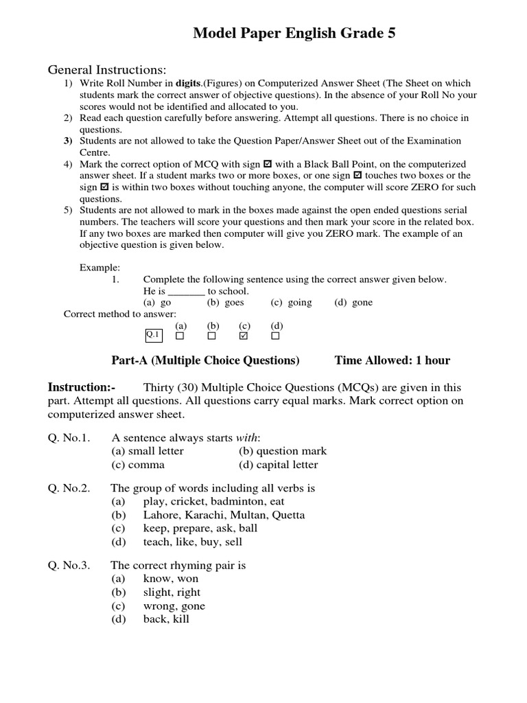Class 5 English Model Exam Paper | PDF | Multiple Choice | Linguistics