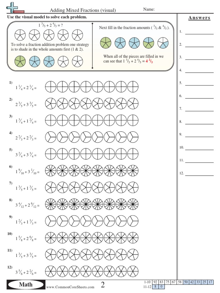 Adding Mixed Fractions Worksheets