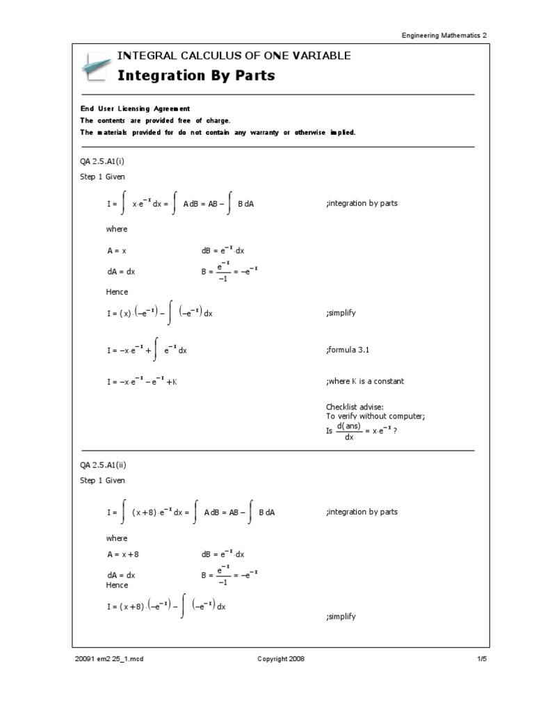 Integration by Parts: Integral Calculus of One Variable | PDF