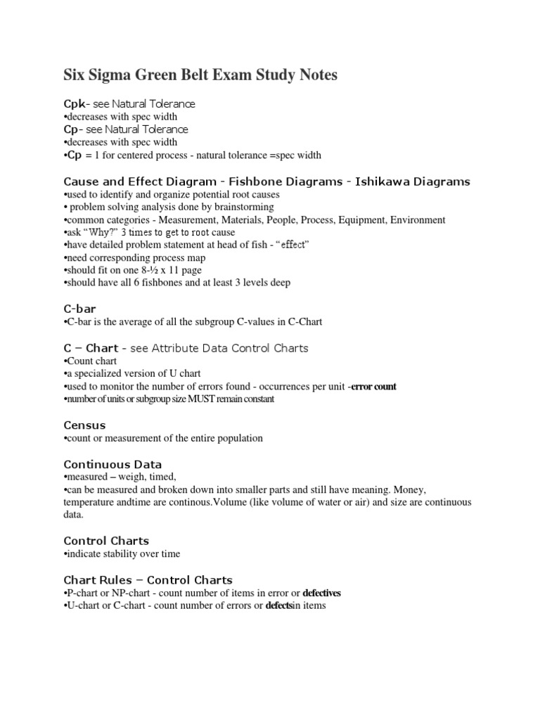 Six Sigma Green Belt Exam Study Notes | Standard Deviation | Six Sigma