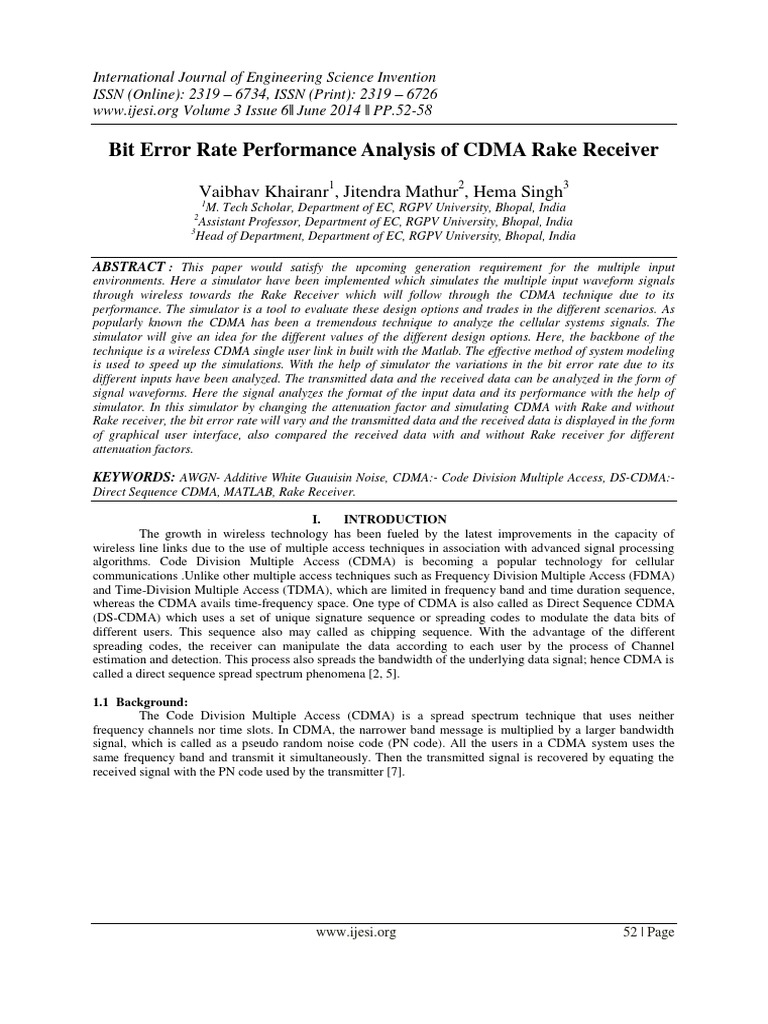 Bit Error Rate Performance Analysis of CDMA Rake Receiver: Vaibhav Khairanr, Jitendra Mathur ...