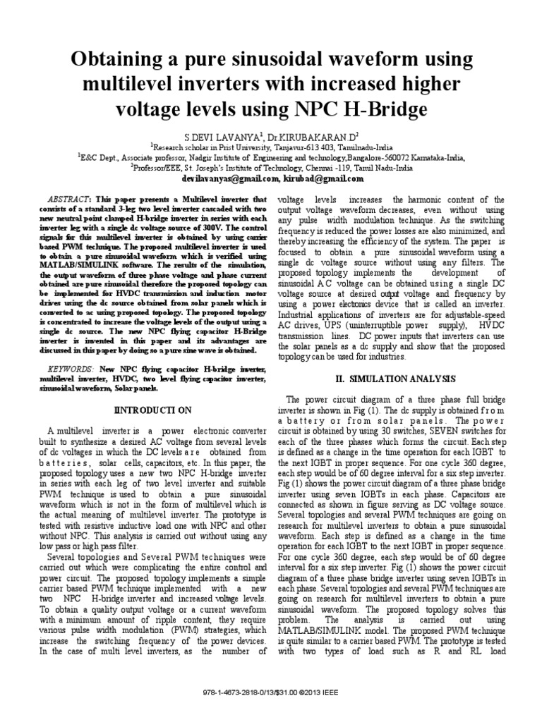 Obtaining A Pure Sinusoidal Waveform Using Multilevel Inverters With ...