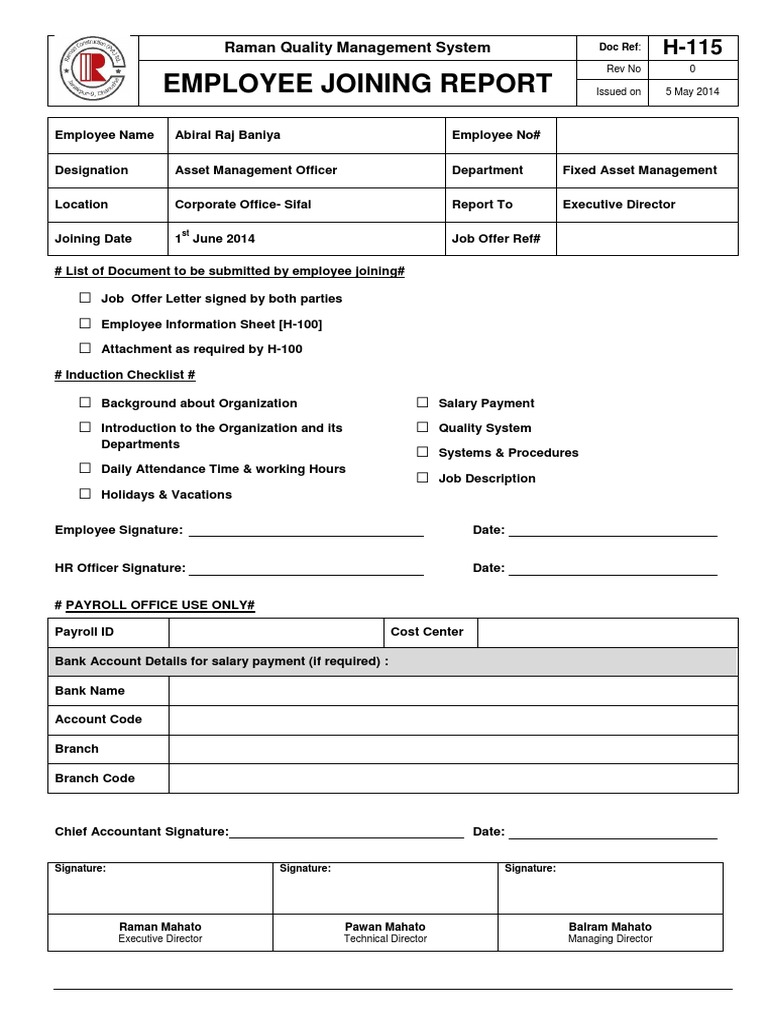Employee Joining Report for Asset Management | PDF