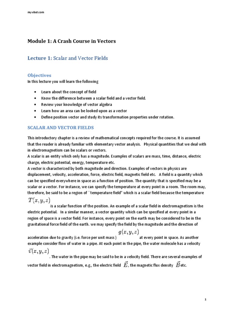 Module 1: A Crash Course in Vectors: Lecture 1: Scalar and Vector Fields | PDF | Euclidean ...