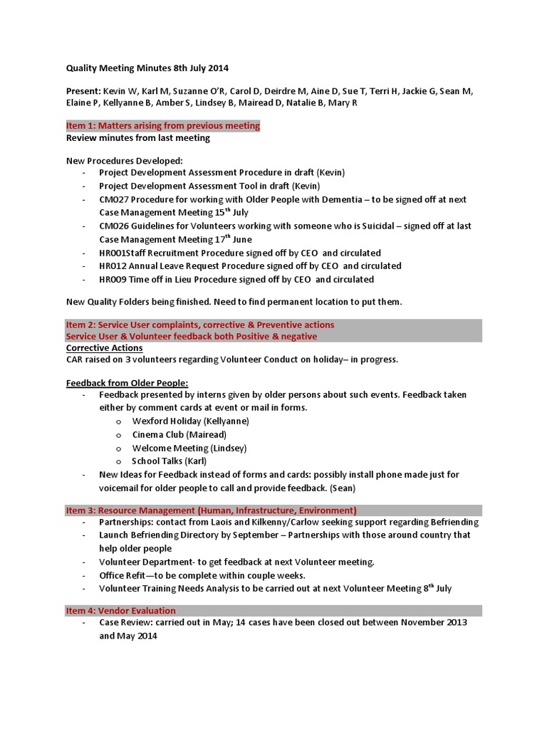 Quality Meeting Minutes | Download Free PDF | Internal Audit | Volunteering