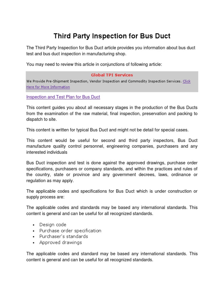 Third Party Inspection For Bus Duct | PDF | Duct (Flow) | Specification ...