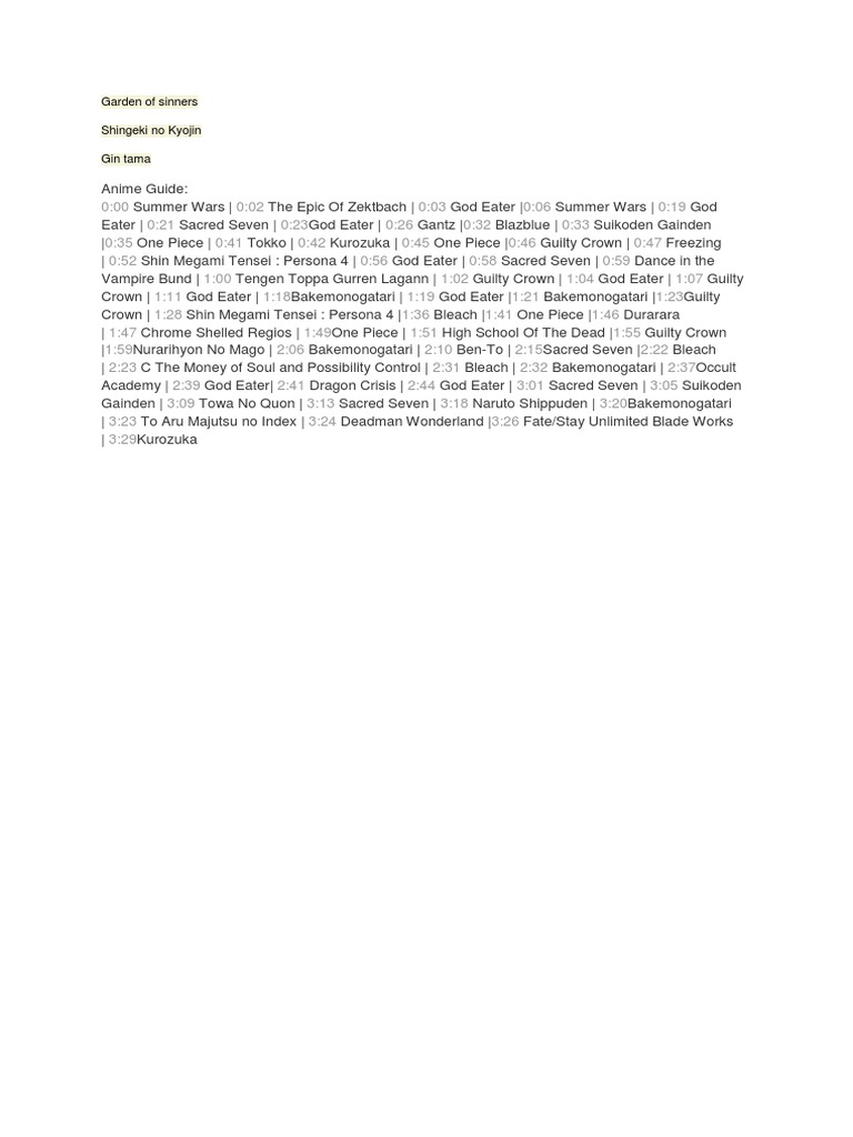 Garden of Sinners Shingeki No Kyojin Gin Tama | PDF | Leisure