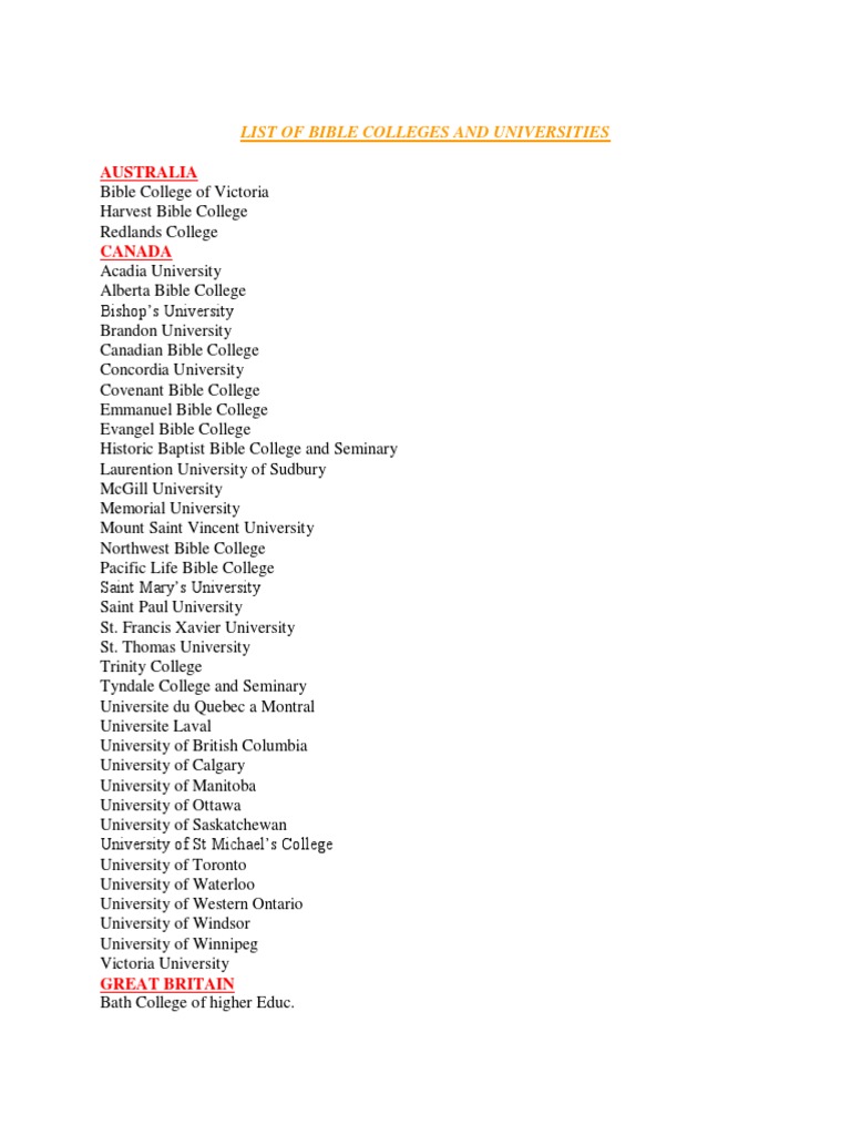 List of Bible Colleges and Universities | PDF | Educational Stages ...