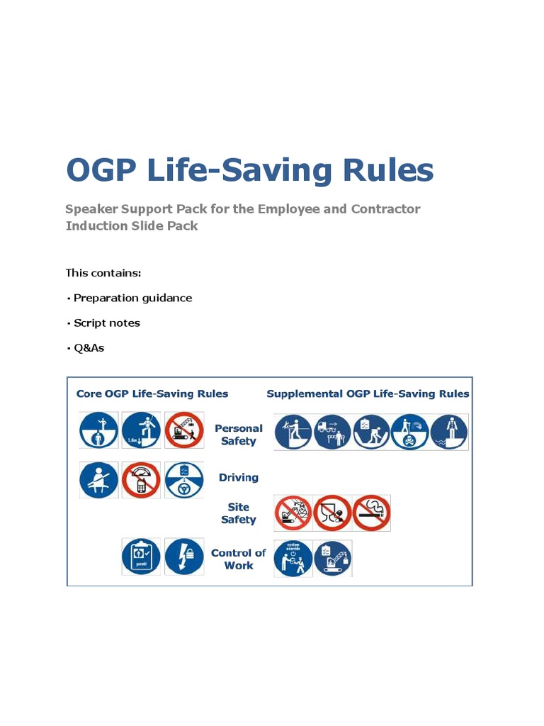 OGP Life-Saving Rules Induction Guide | PDF | Elevator | Driving