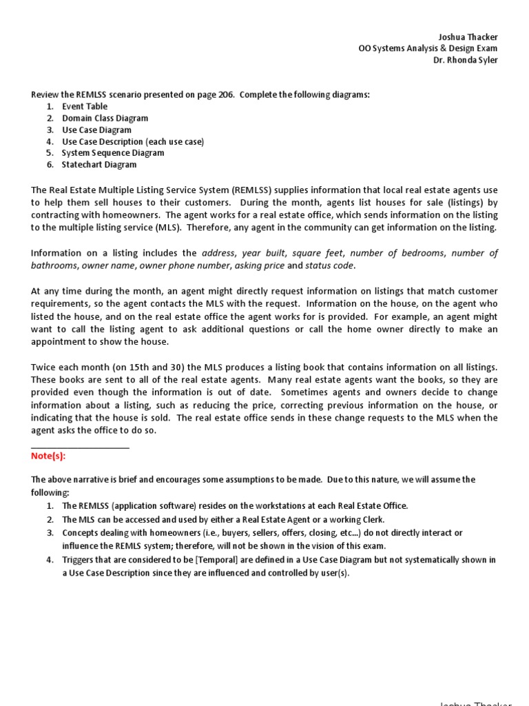 Joshua Thacker OO Systems Analysis & Design Exam Dr. Rhonda Syler ...