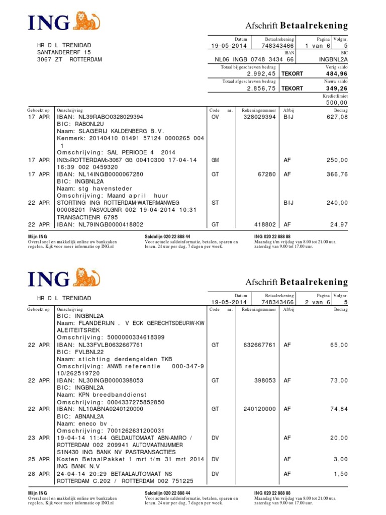 ING - Afschrift Betaalrekening NL06 INGB 0748 3434 66 - 2014 - 005 | PDF