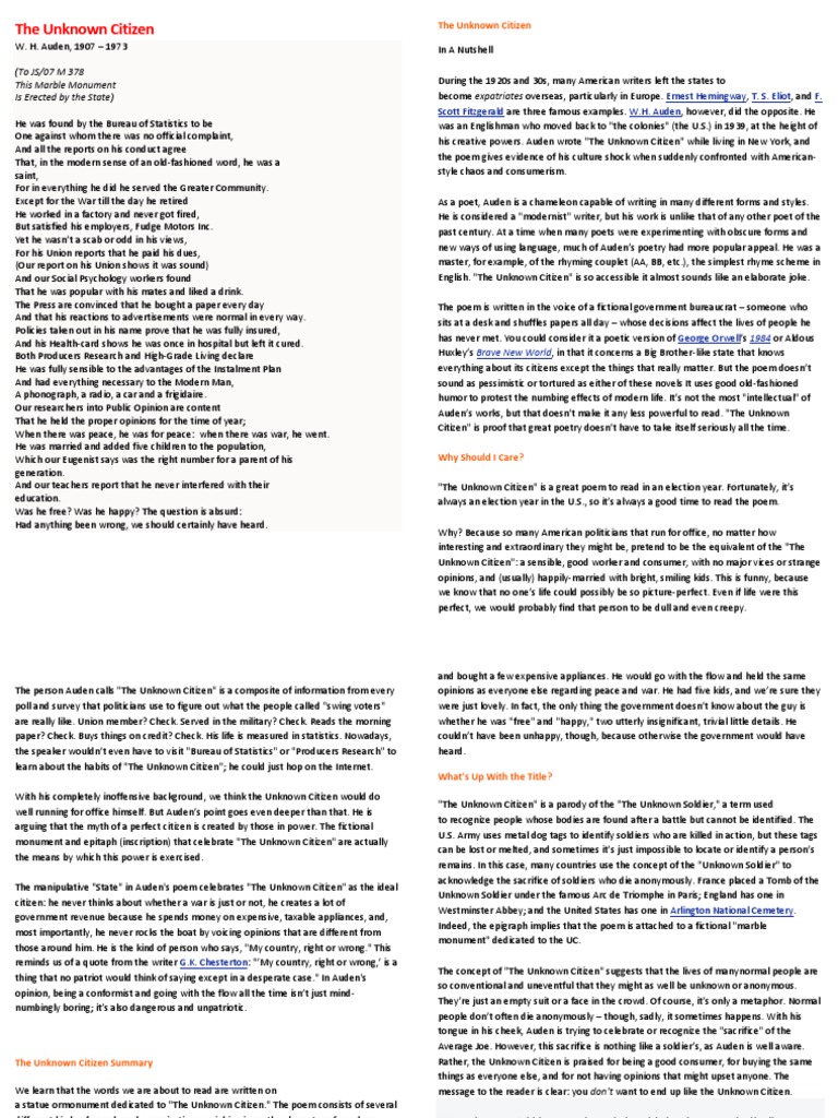 The Unknown Citizen | Download Free PDF | Poetry