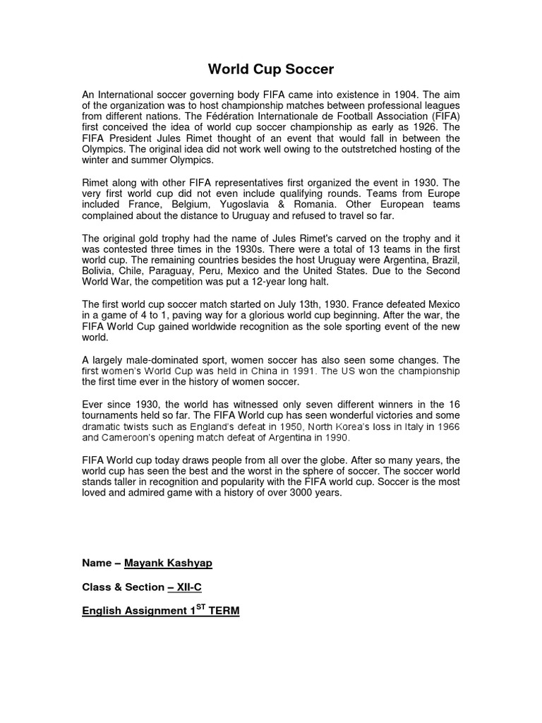 World Cup Soccer: Name - Mayank Kashyap Class & Section - Xii-C English ...