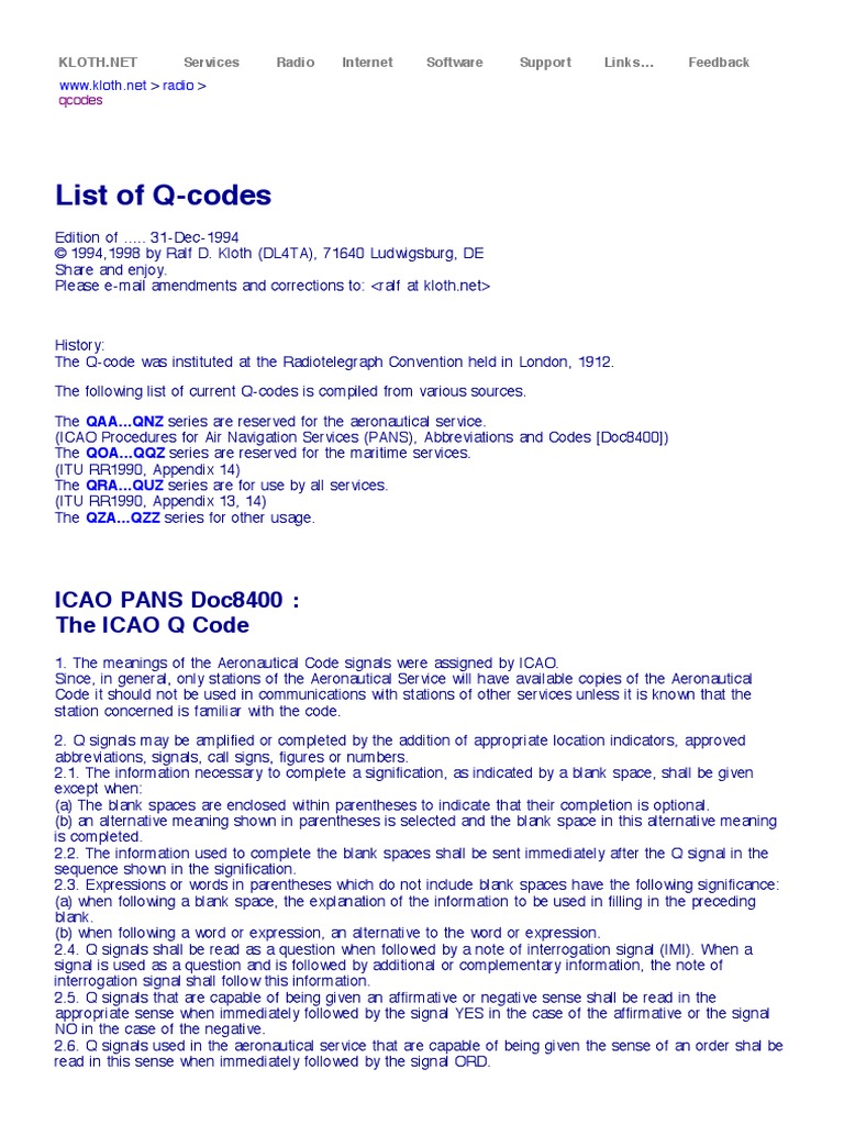 List of Q-Codes: ICAO PANS Doc8400: The ICAO Q Code | PDF | Radio ...