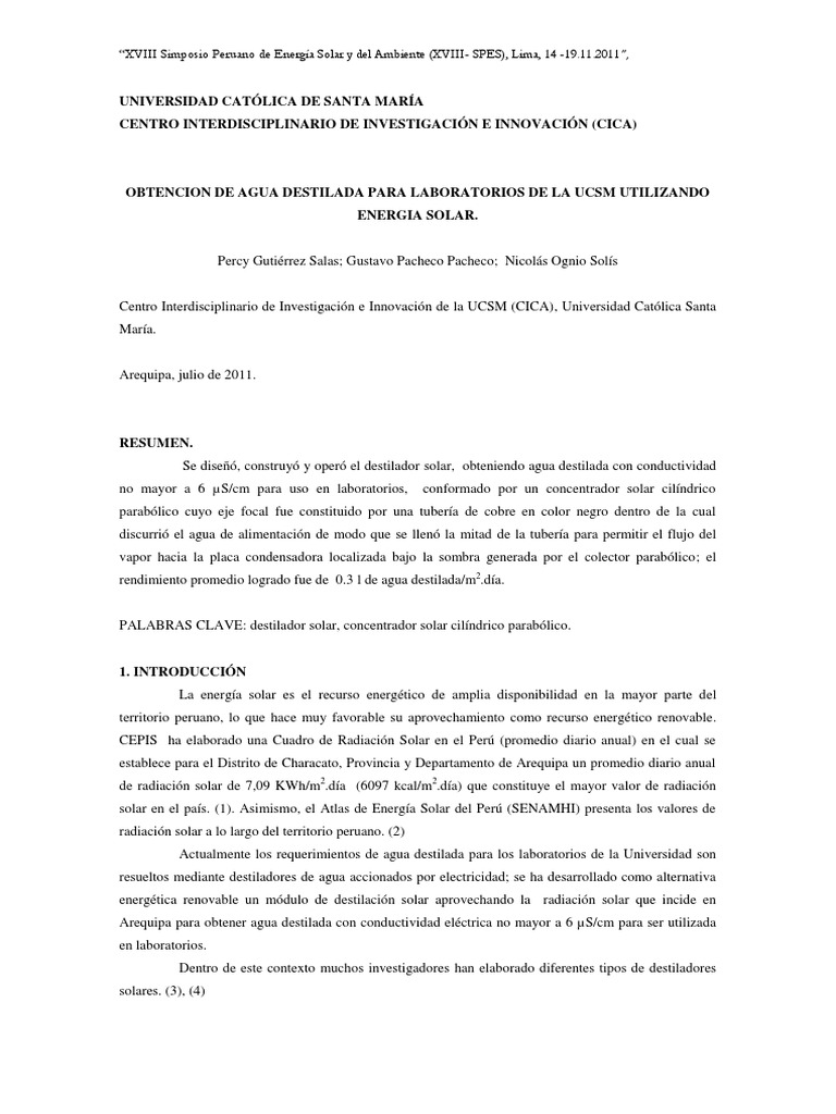 Destilación Solar de Agua en UCSM | PDF | Energía solar | Luz de sol