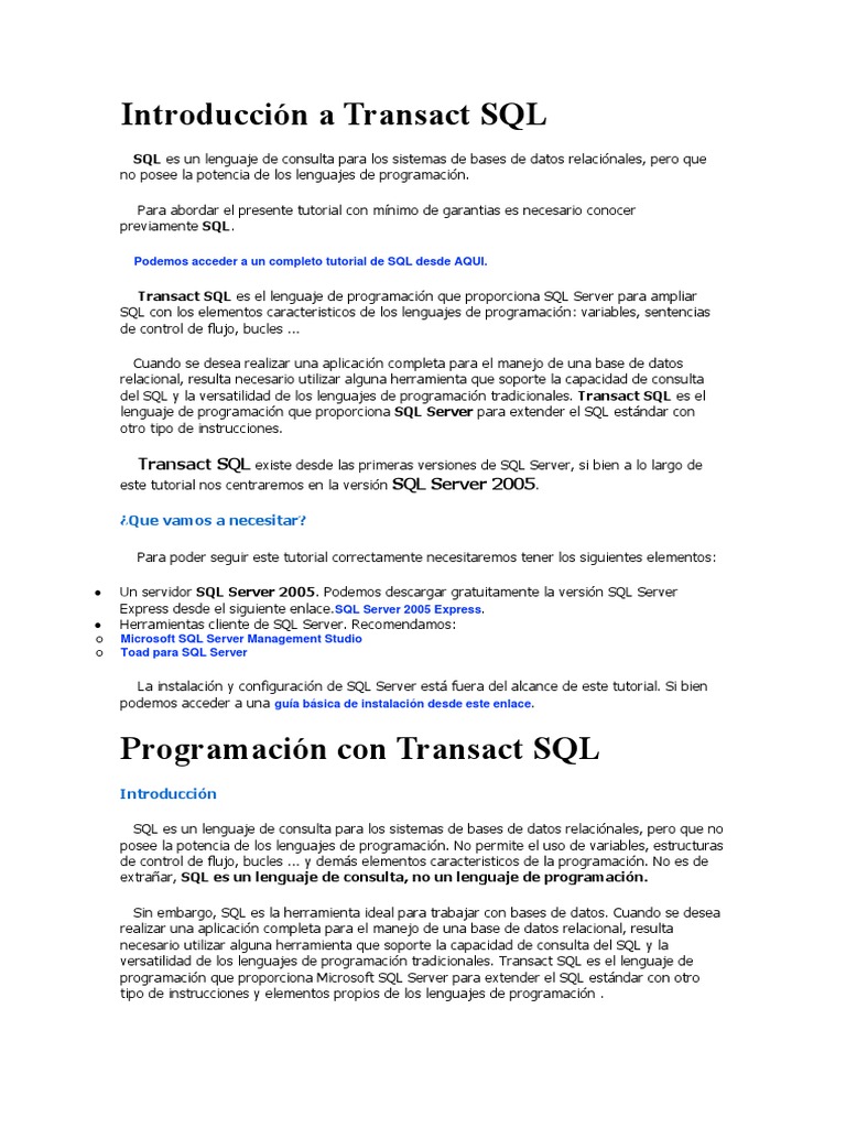 Introducción A Transact SQL PDF | PDF | SQL | Servidor SQL de Microsoft