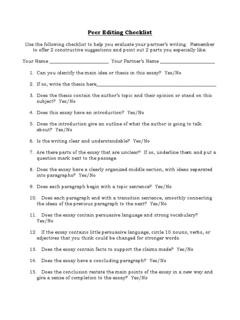 Peer Editing Checklist | PDF