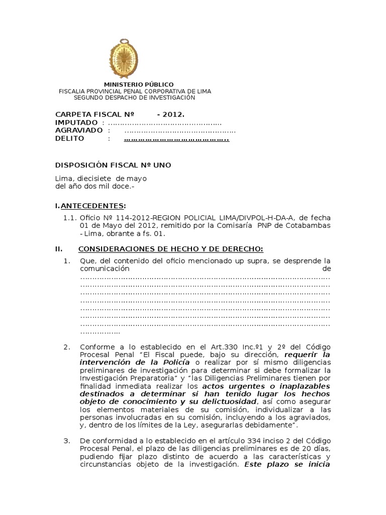Modelo Inicio Diligencias Preliminares Formalizacion | Fiscal | Derecho penal