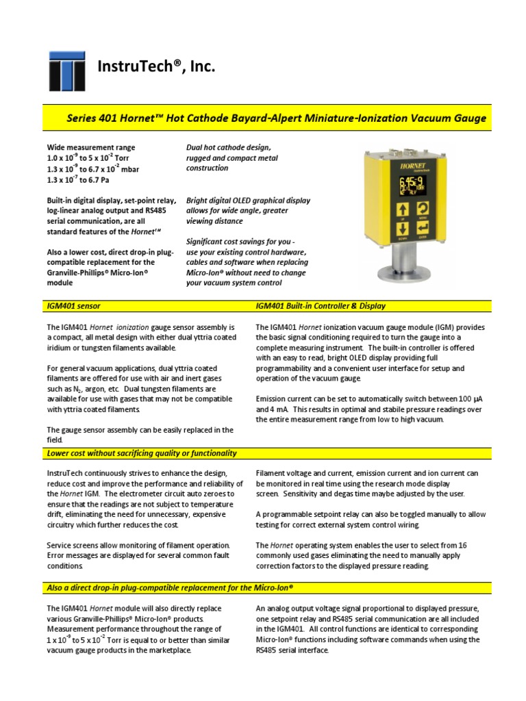Hornet Hot Cathode Bayard-Alpert Miniature-Ionization Vacuum Gauge Data ...