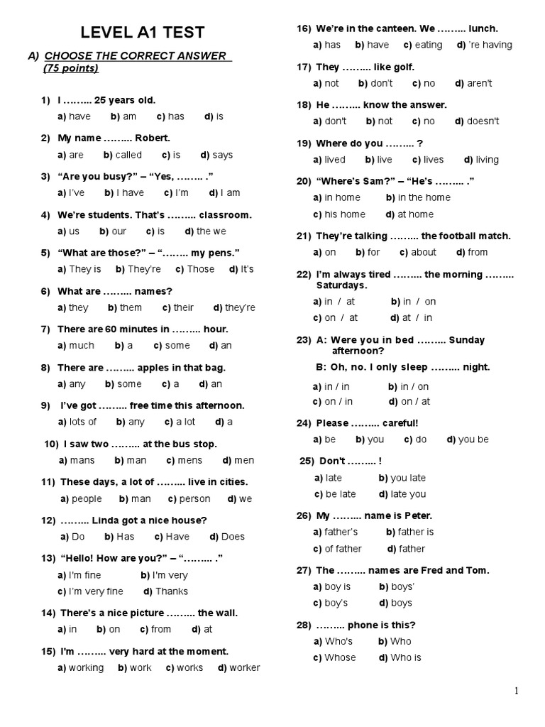 Elementary Placement Test | PDF | Meal | Food And Drink