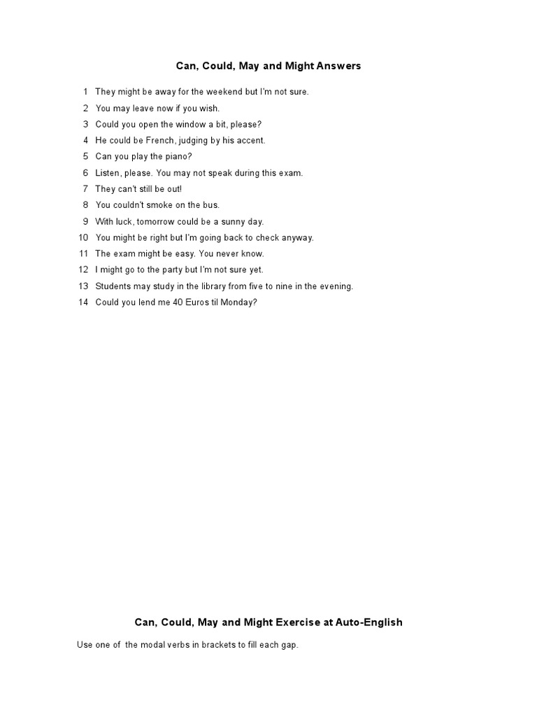Modal Verbs Exercise: Can, Could, May, Might | PDF